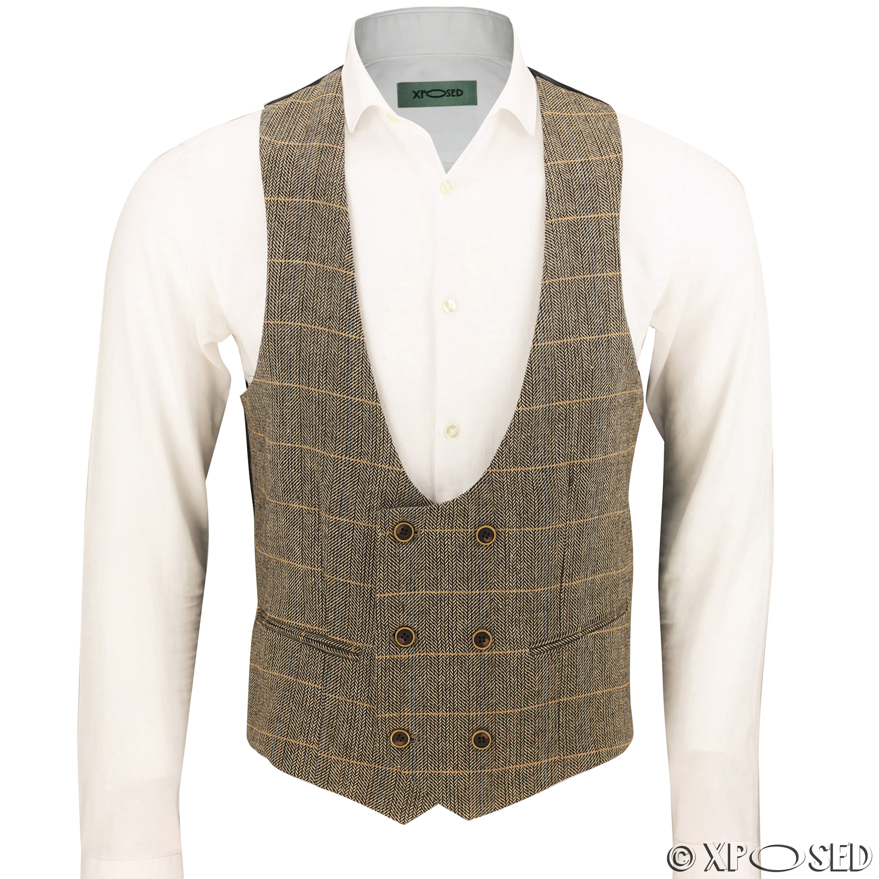 Mens Waistcoat Double Breasted U Cut Herringbone Tweed Check Velvet